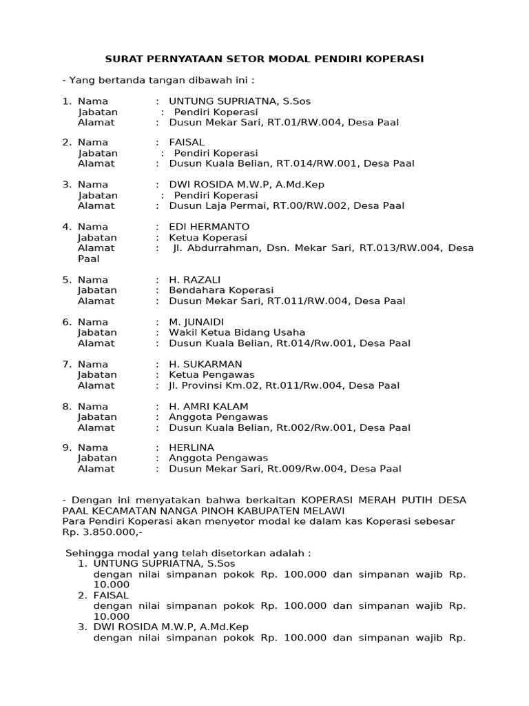 Surat Pernyataan Setor Modal Pendiri Koperasi Dan Rekapitulasi Modal.1 | PDF