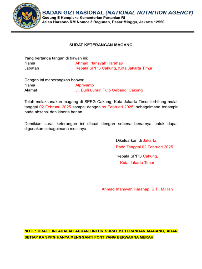 Surat Keterangan Magang SPPG Cakung | PDF