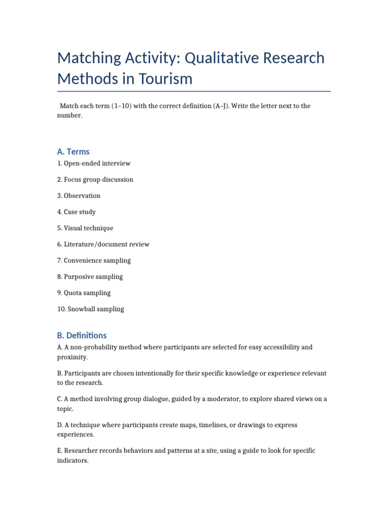 Matching Activity Qualitative Tourism | PDF