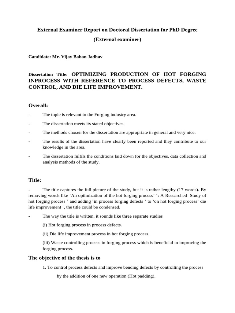External Examiner Report On Doctoral Dissertation For PHD Degree | PDF ...
