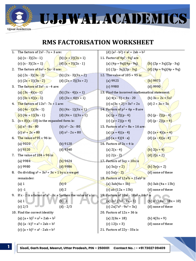 RMS Factorisation Worksheet | PDF | Polynomial | Abstract Algebra