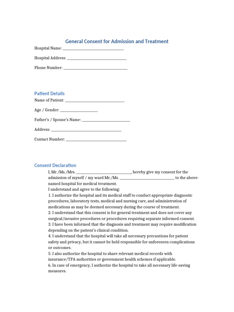 General Consent for Hospital Admission | PDF | Patient | Informed Consent
