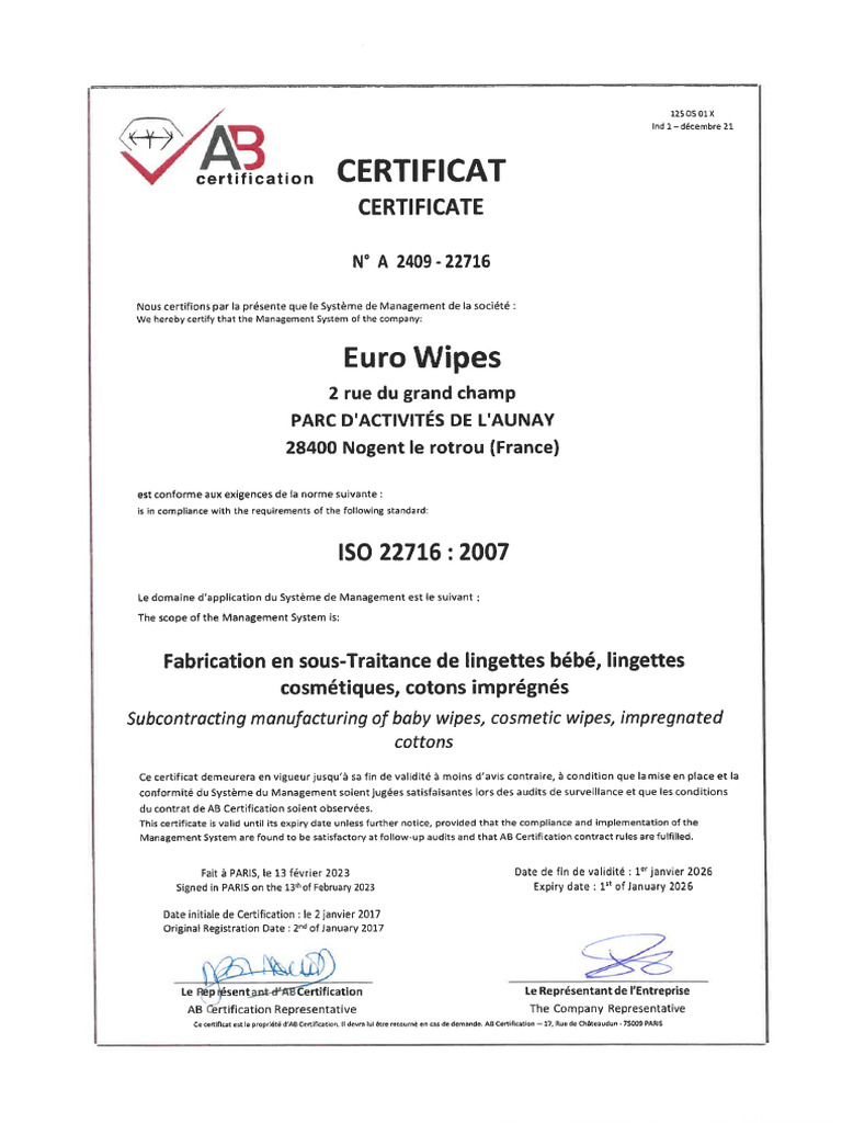 Euro Wipes - Certificat ISO 22716 Signé - 130223 - 2026 | PDF