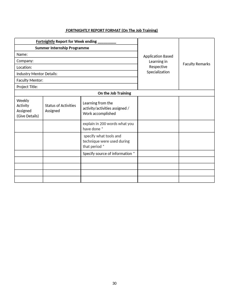 Fortnightly Report Format (on the Job Training) | PDF