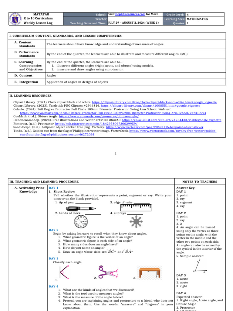 DLL Matatag - Mathematics 4 q1 w1 | PDF | Angle | Learning