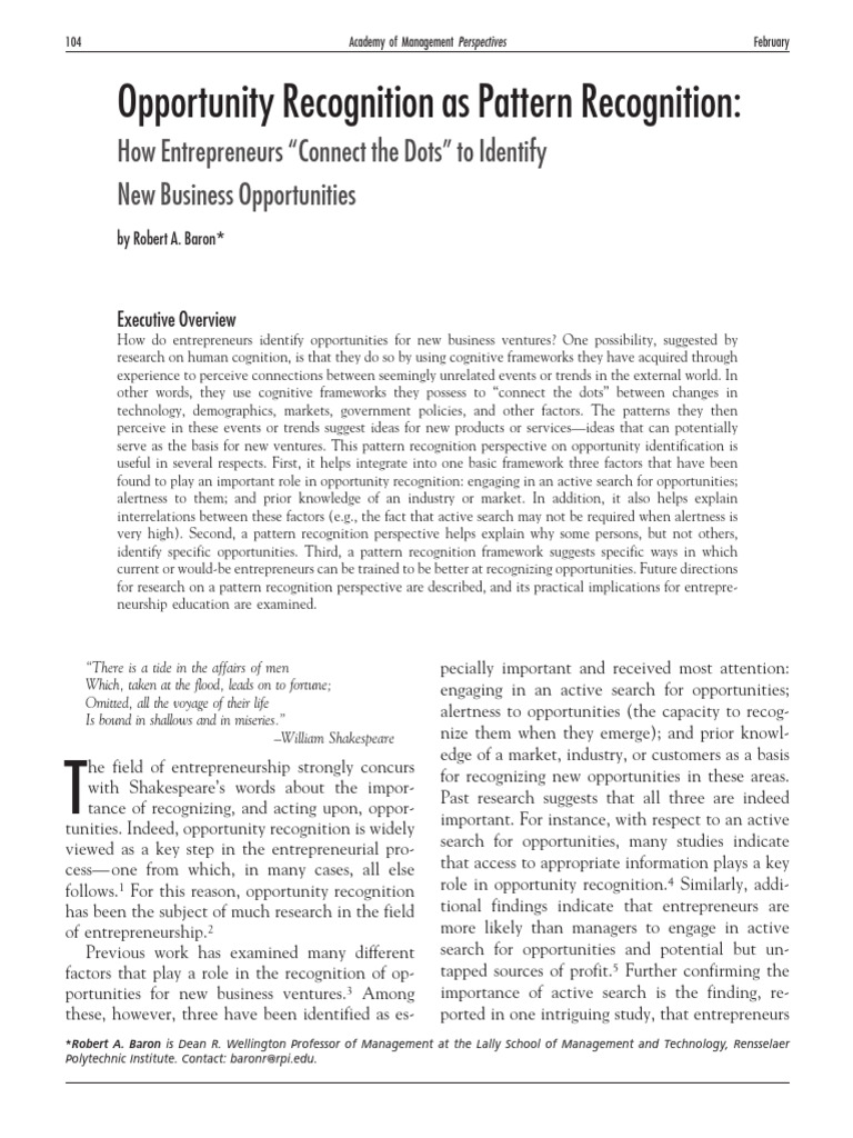 Baron 2006 - Opportunity Recognition As Pattern Recognition | PDF ...