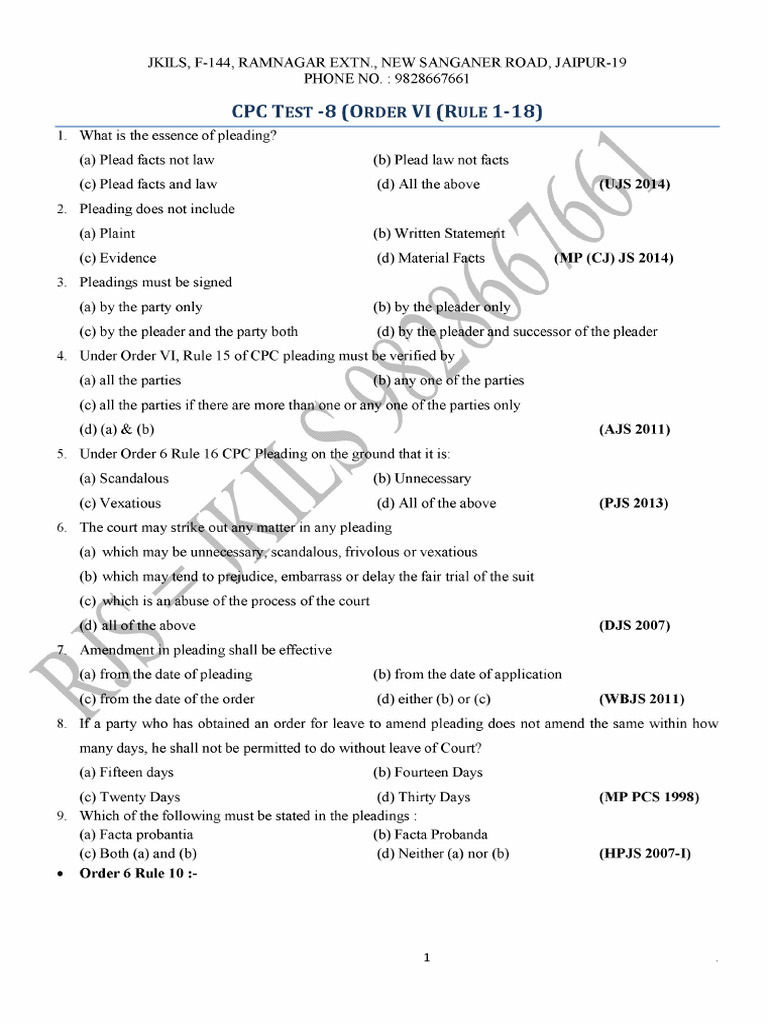 CPC TEST - 8th - ORDER VI - RULE 1-18 | PDF