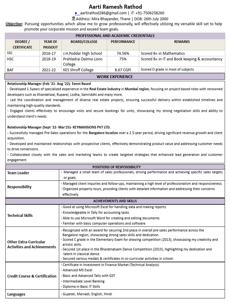 Final Aarti Resume | PDF | Microsoft Excel