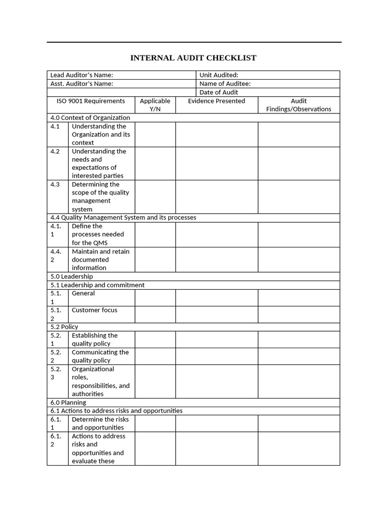 ISO 9001 Internal Audit Checklist | PDF | Audit | Internal Audit