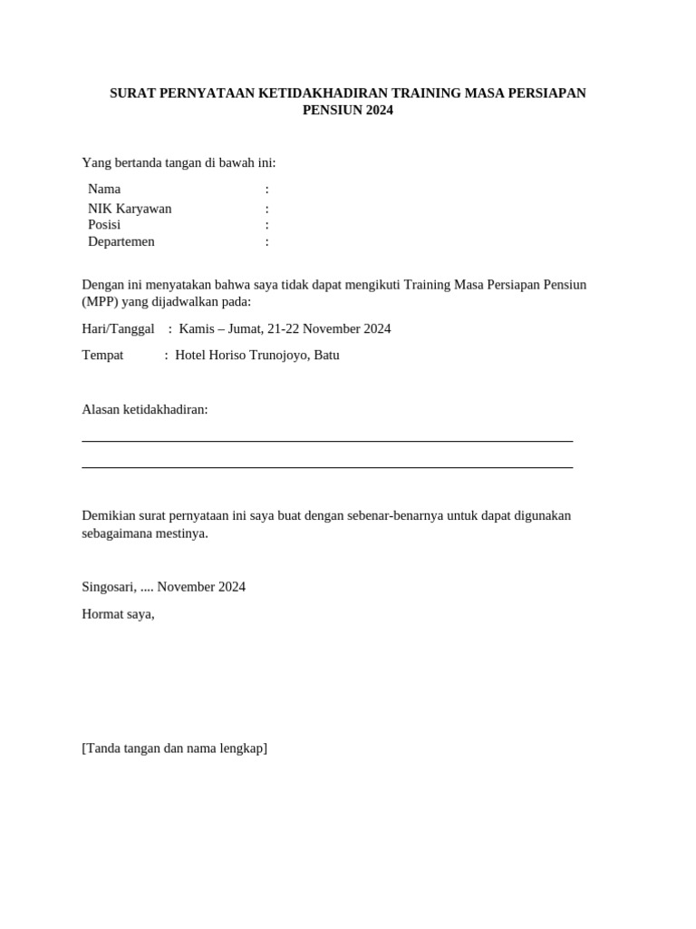 Surat Pernyataan Ketidakhadiran Training MPP | PDF