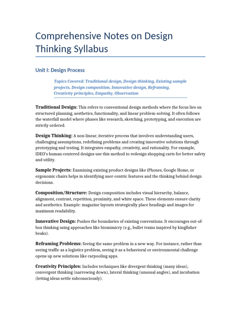 Comprehensive Notes Design Thinking | PDF | Design Thinking | Creativity