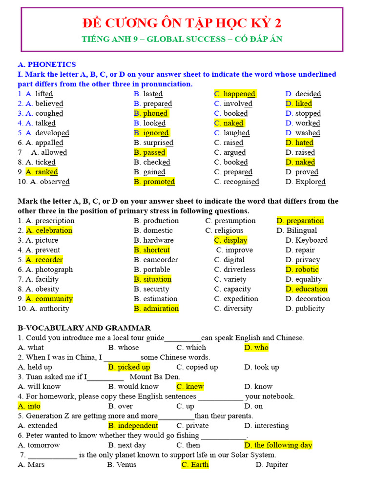 ĐỀ CƯƠNG ÔN TẬP CUỐIHK2 TA9 - Key | PDF | Cyberbullying | Mountains