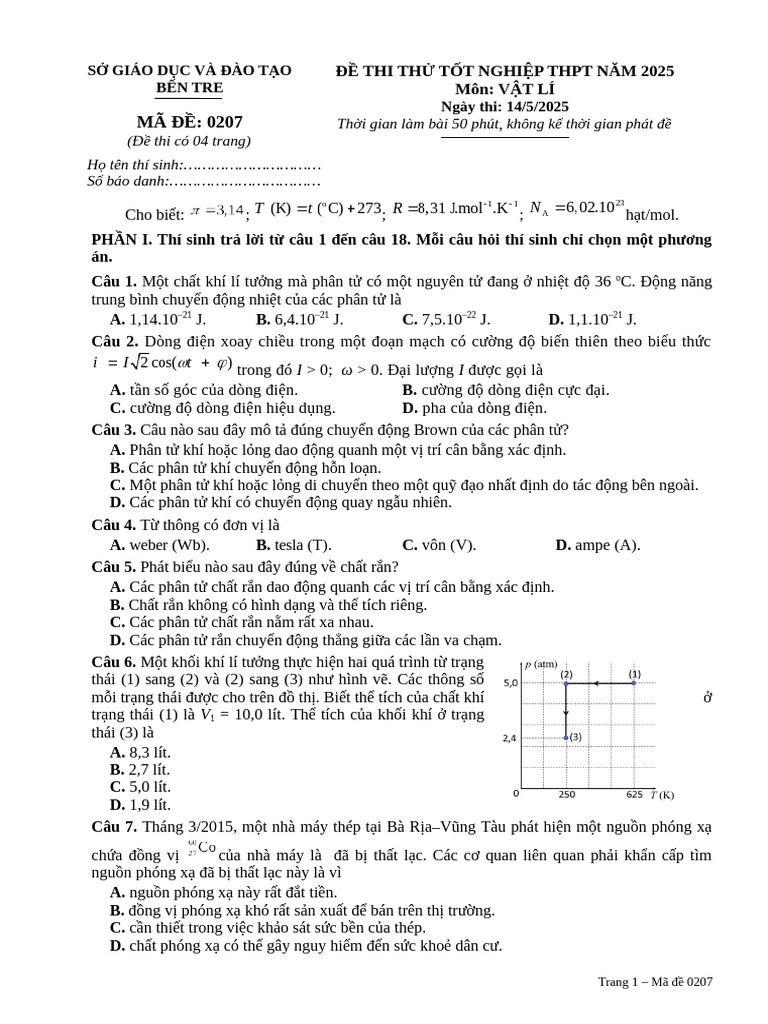De Thi Thu - Vatli - Ma de 0207 | PDF