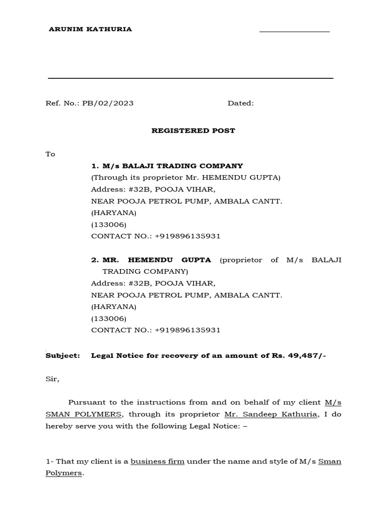 Legal Notice for Payment Recovery | PDF | Private Law | Common Law