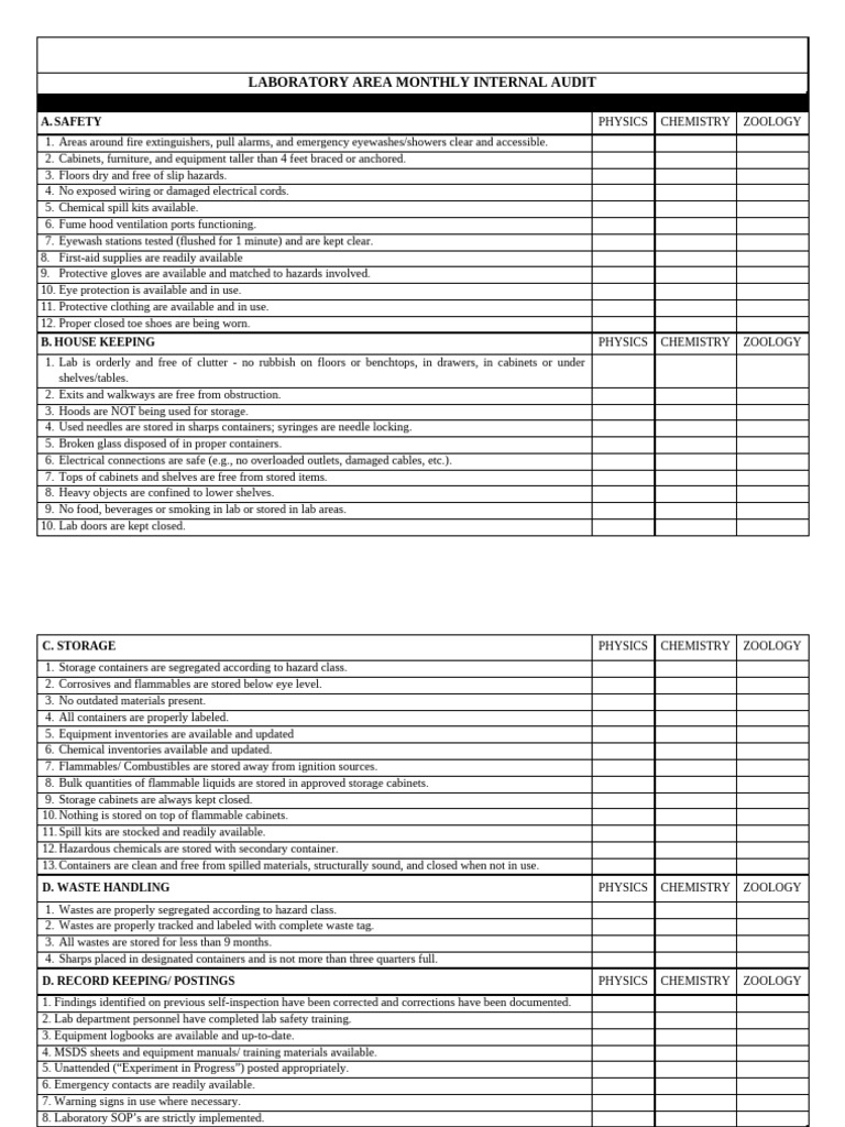 Lab Area Monthly Audit Template | PDF | Laboratories | Dangerous Goods