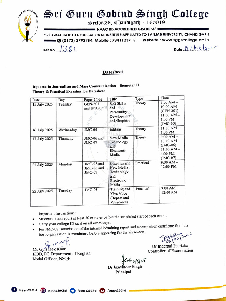 Datesheet, DMC and Internship Information For DJMC Students | PDF ...