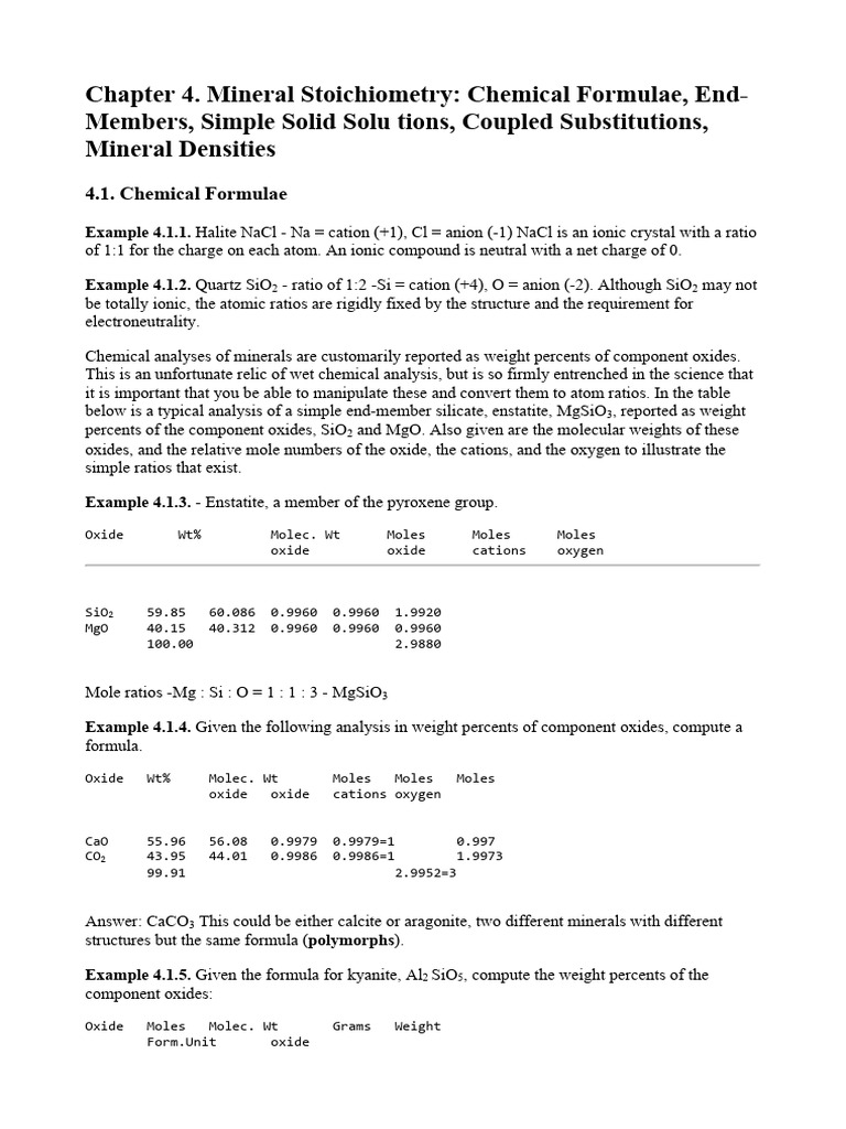 Chapter 4. Mineral Stoichiometry Chemical Formulae End Members Simple Solid Solu Tions Coupled ...