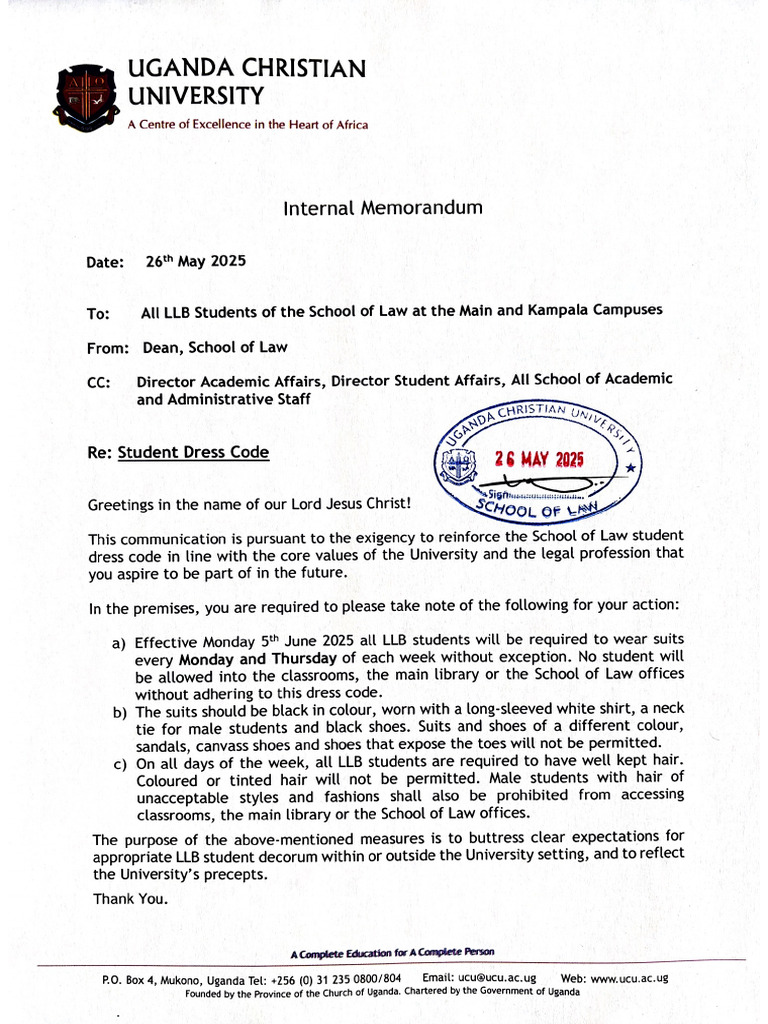 UCU SOL Memo On Student Dress Code 2025 | PDF
