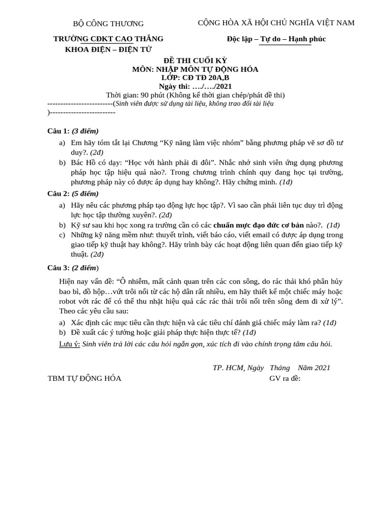 ĐỀ THI NM TĐH K20 | PDF