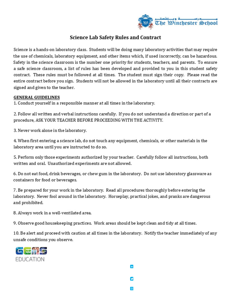 Science Lab Safety Rules Contract | PDF | Laboratories
