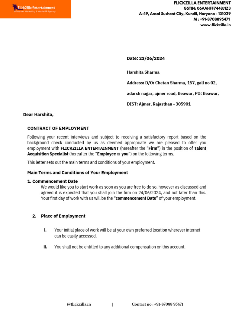 Employment Agreement (Harshita Sharma) Final | PDF | Legal Remedy | Breach Of Contract