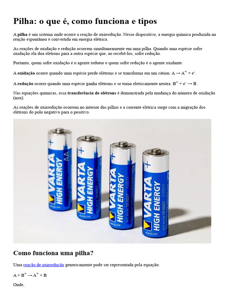 Pilha - o Que É, Como Funciona e Tipos - Toda Matéria | PDF | Redox ...