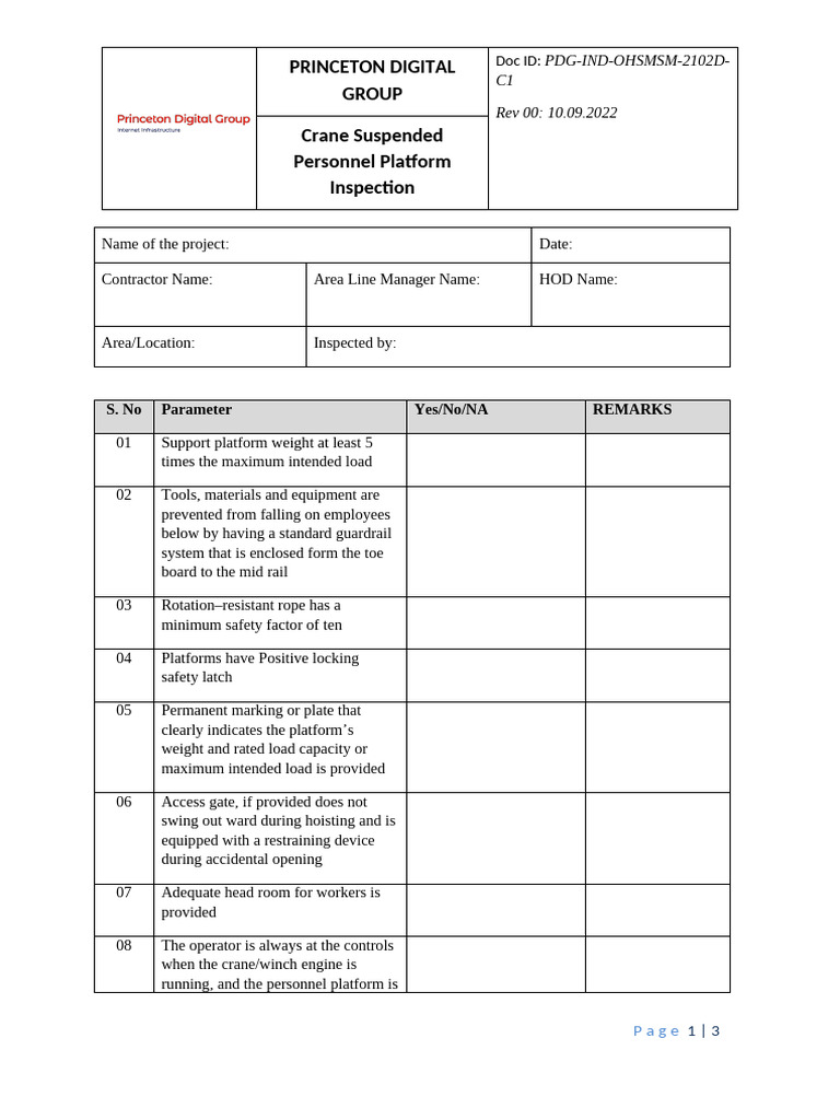PDG IND OHSMSM 2102D C1 Crane Suspended Personnel Platform Inspection ...