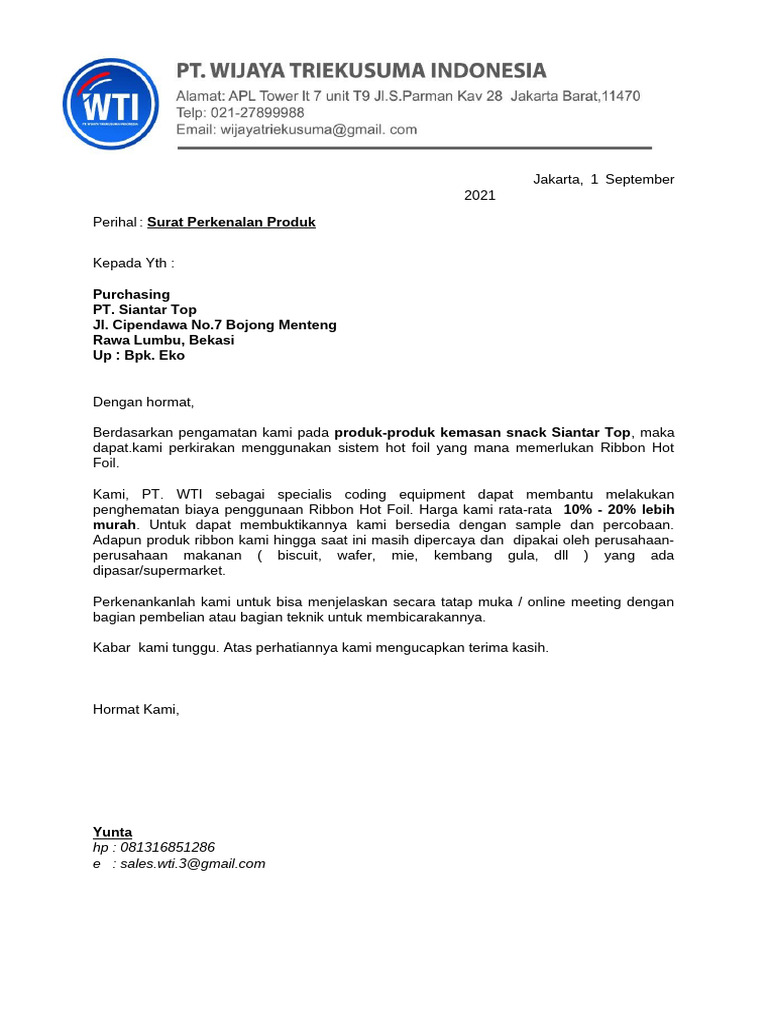 Surat Perkenalan PT Siantar Top | PDF