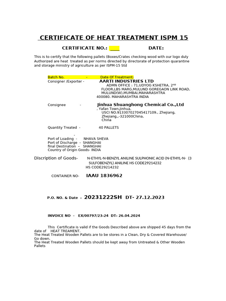 Certificate of Heat Treatment | PDF