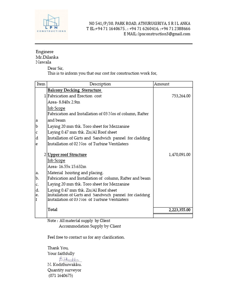 Quotation - Steel Structure at Nawala | PDF