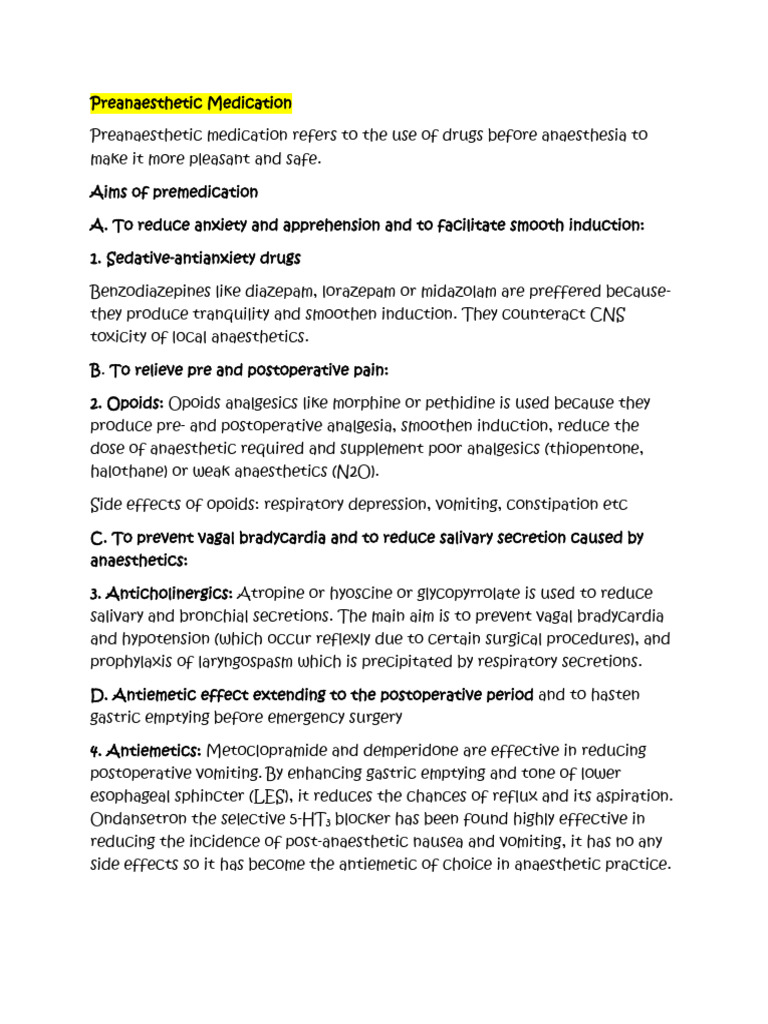 Preanesthetic Medication Overview | PDF