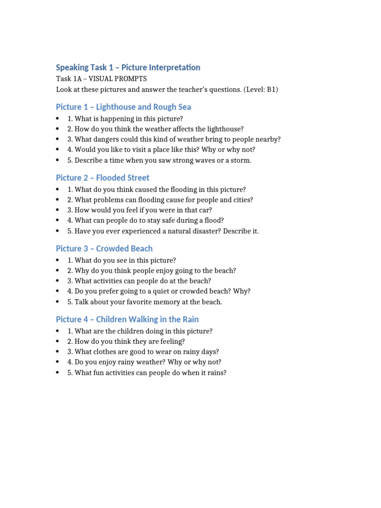 Speaking Task B1 Questions | PDF