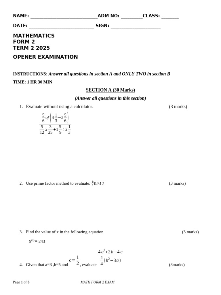 2025 Mathematics f2 Qs t2 Exam 1 Teacher - Co .Ke | PDF | Foreign ...