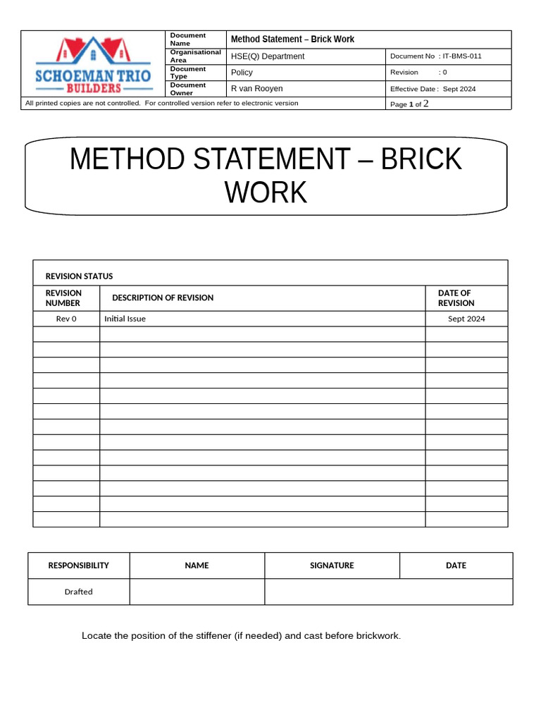 Brickwork Method Statement | PDF | Brick | Masonry