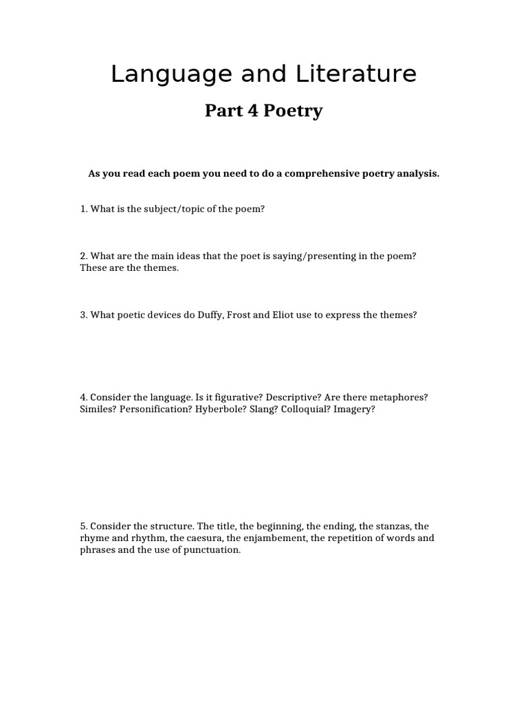 Language and Literature Poetry Analysis Questions | PDF