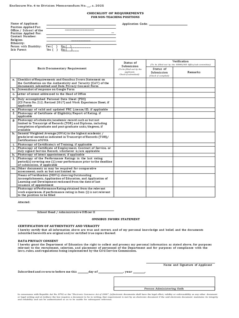 Checklist of Requirements and Omnibus Sworn Statement | PDF
