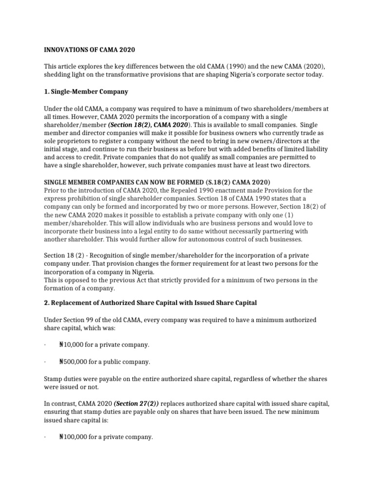 CAMA 2020: Key Innovations Explained | PDF | Partnership | Share Repurchase