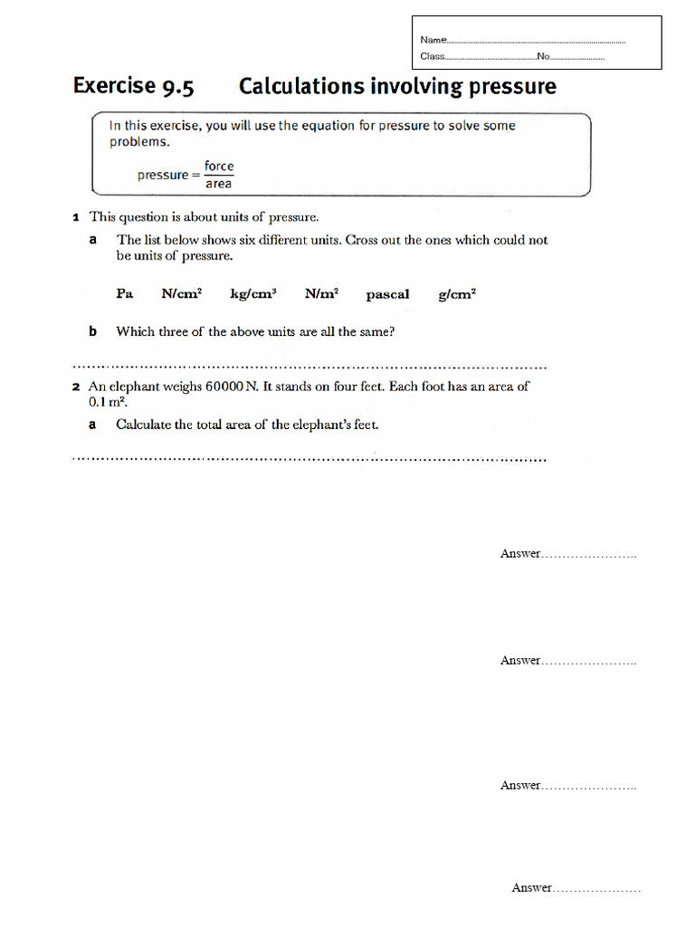 9.5 Pressure Worksheet | PDF