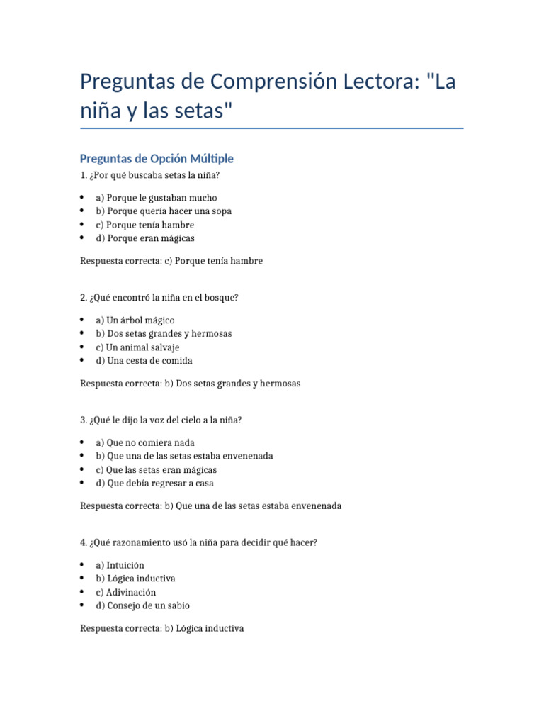 Preguntas de Comprension Lectora La Nina y Las Setas | PDF