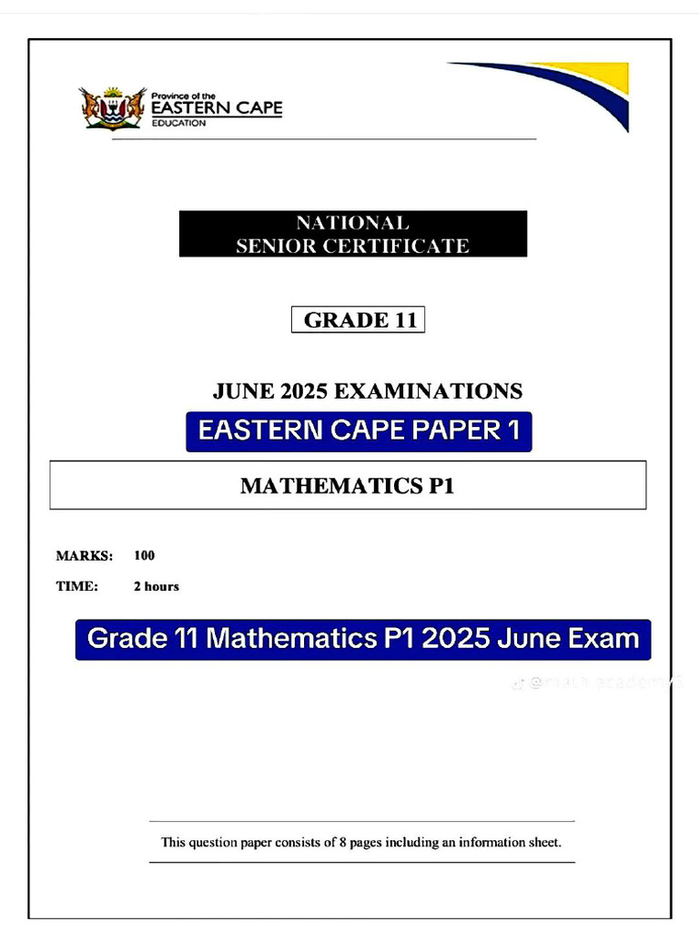 Math Eastern Cape Grade 11 2025 June P1 | PDF