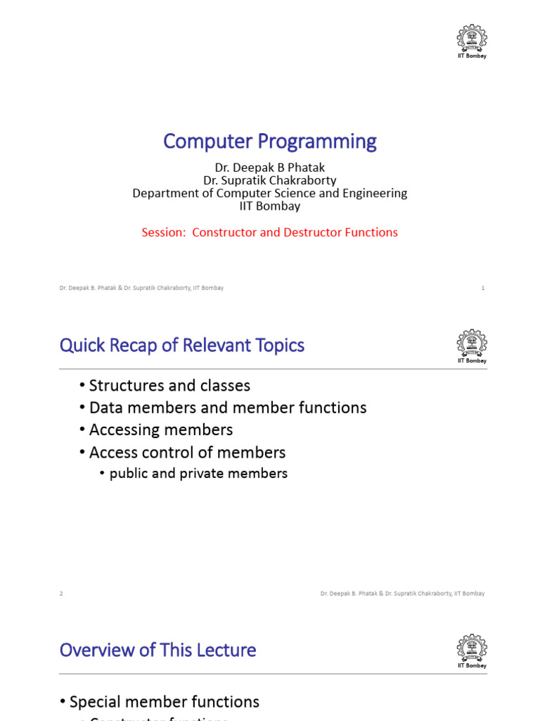 CS101x S443 Constructor and Destructor Functions IIT Bombay | PDF | Method (Computer Programming ...