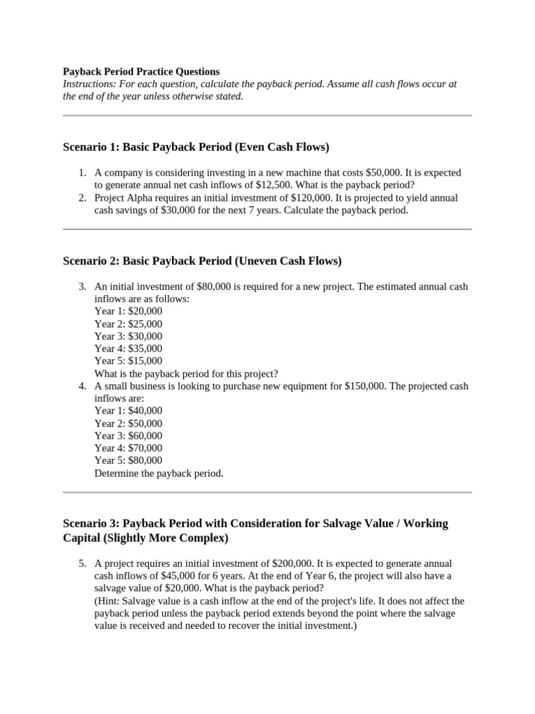 Payback Period Calculation Exercises | PDF | Financial Accounting ...