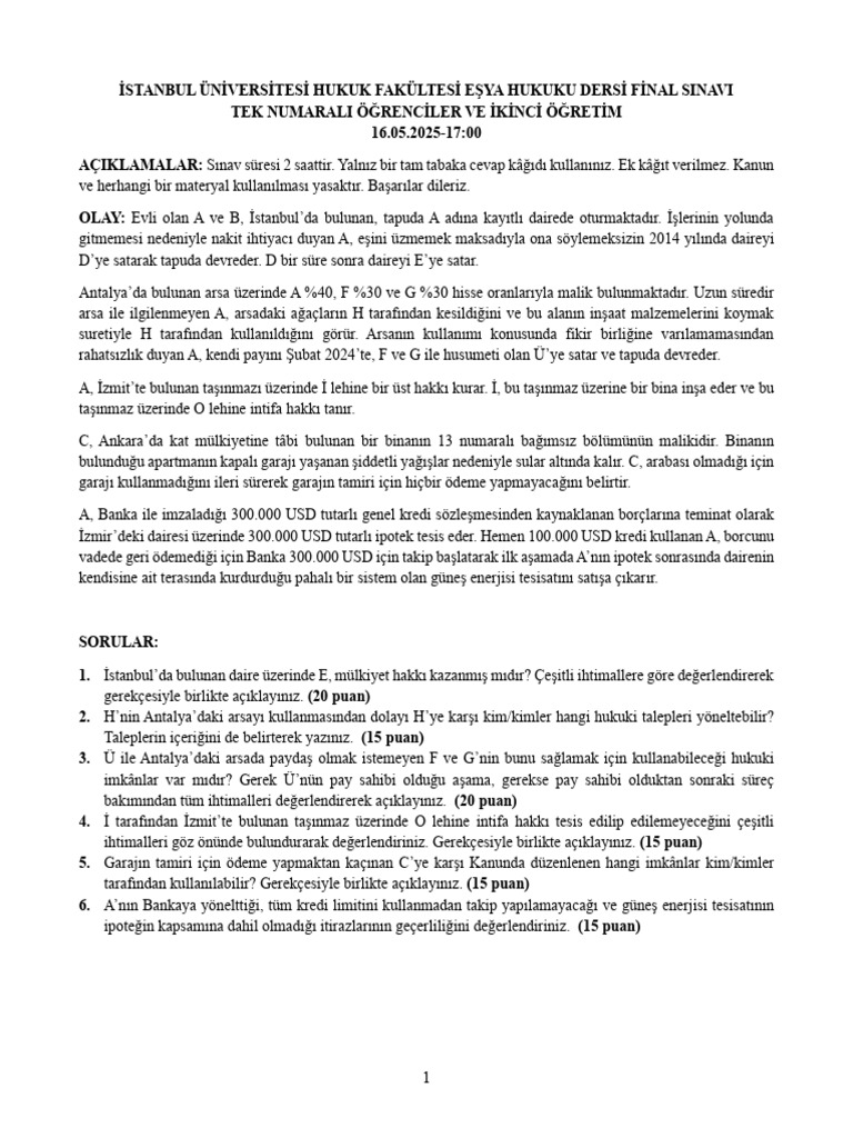 Esya Hukuku Final Sinavi Cevap Anahtari Tek Ve Io | PDF