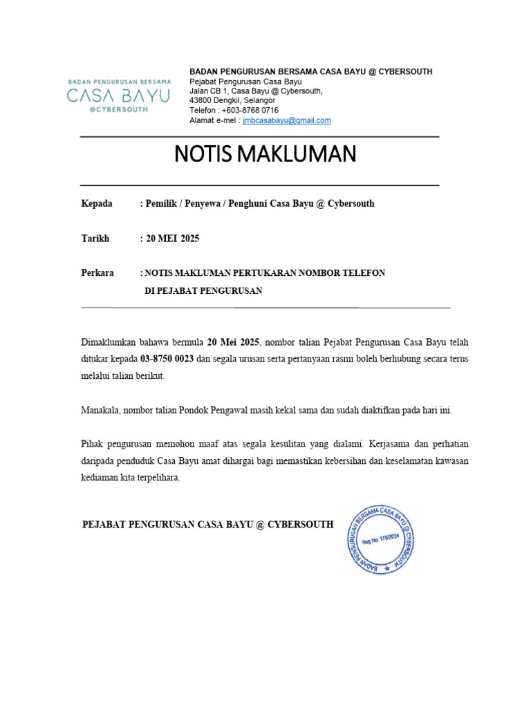 Notis Makluman Pertukaran Nombor Telefon Di Pejabat Pengurusan | PDF