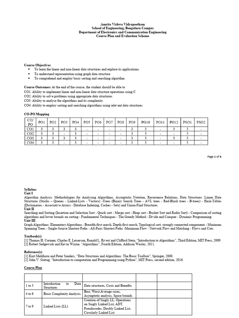 19ECE361 DSA Course Plan Theory | PDF | Applied Mathematics | Algorithms And Data Structures