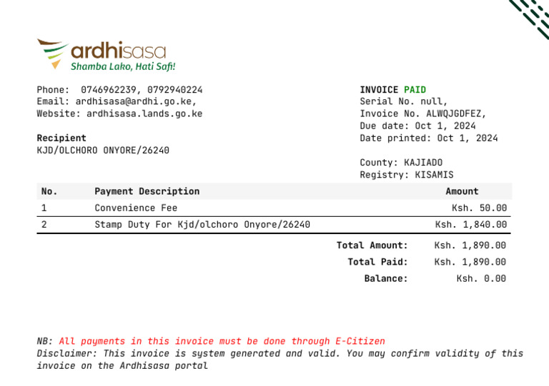 Invoice: All Payments in This Invoice Must Be Done Through E-Citizen | PDF
