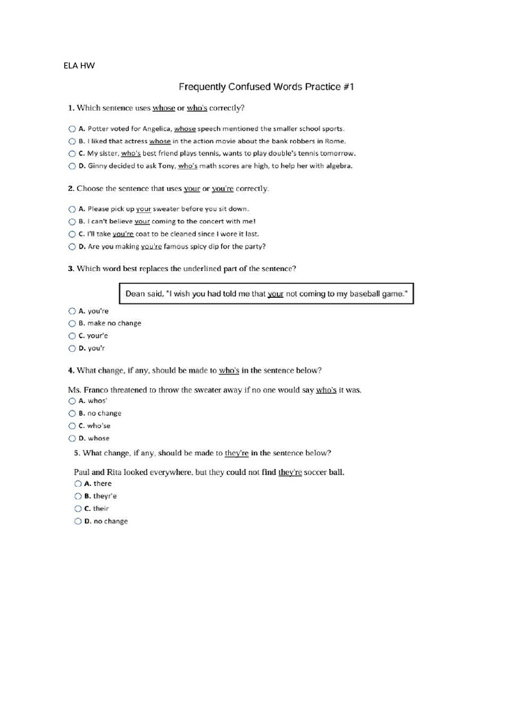 ELA HW - Commonly Confused Words | PDF