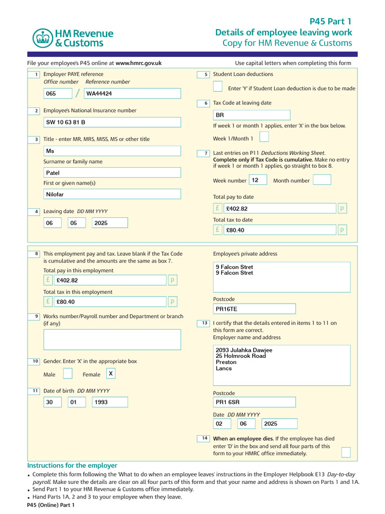 Employer Number on P45 Form | PDF | Payroll Tax | Taxation
