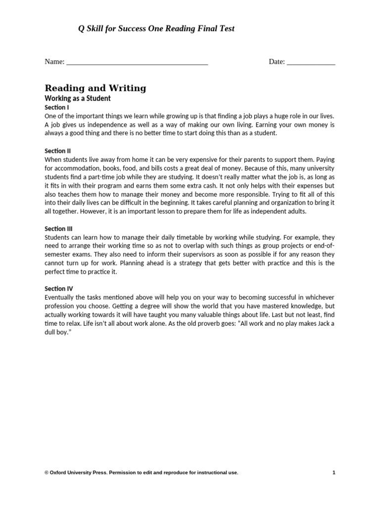 Q Skill-1-Reading Final Test | PDF | Learning