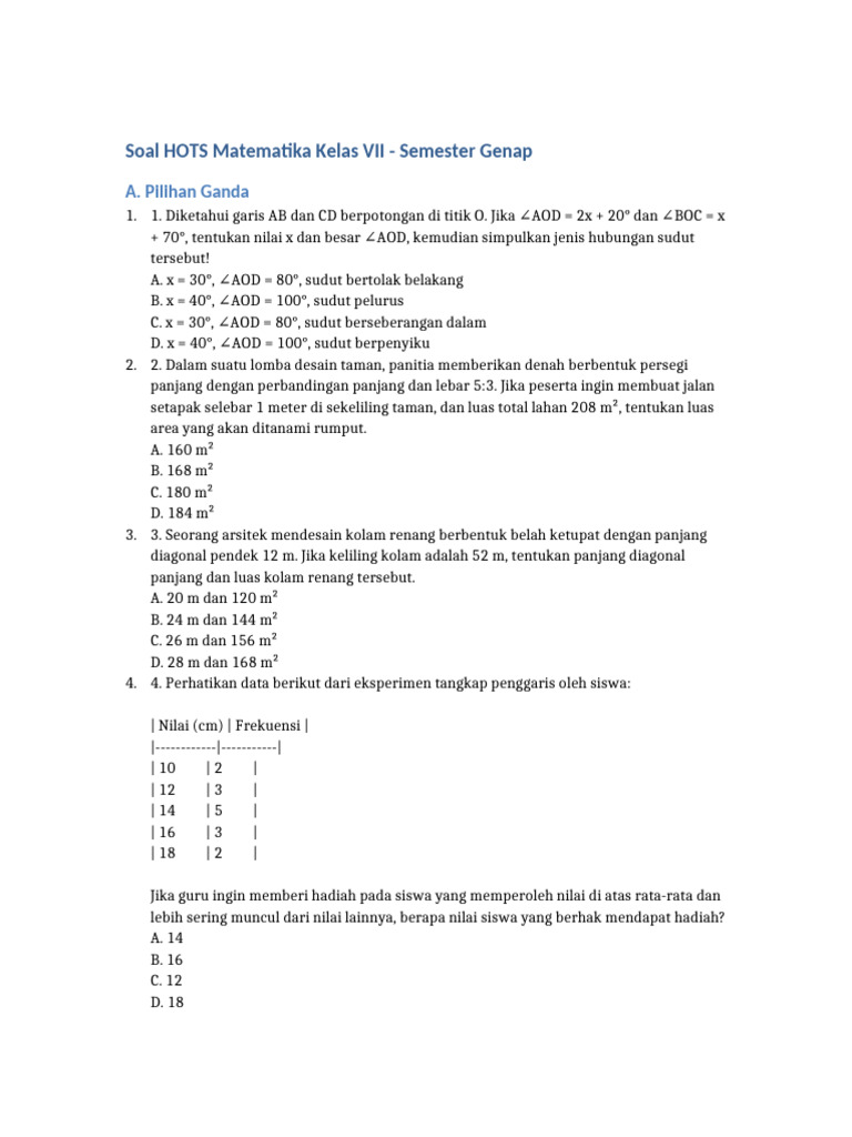Contoh Soal HOTS Matematika Kelas VII | PDF